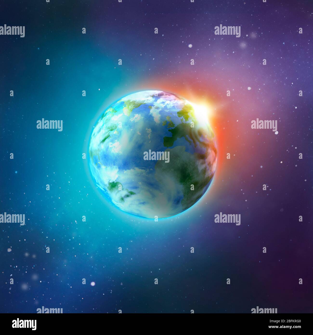 Planet earth with sun rising from space, vector image Stock Photo - Alamy