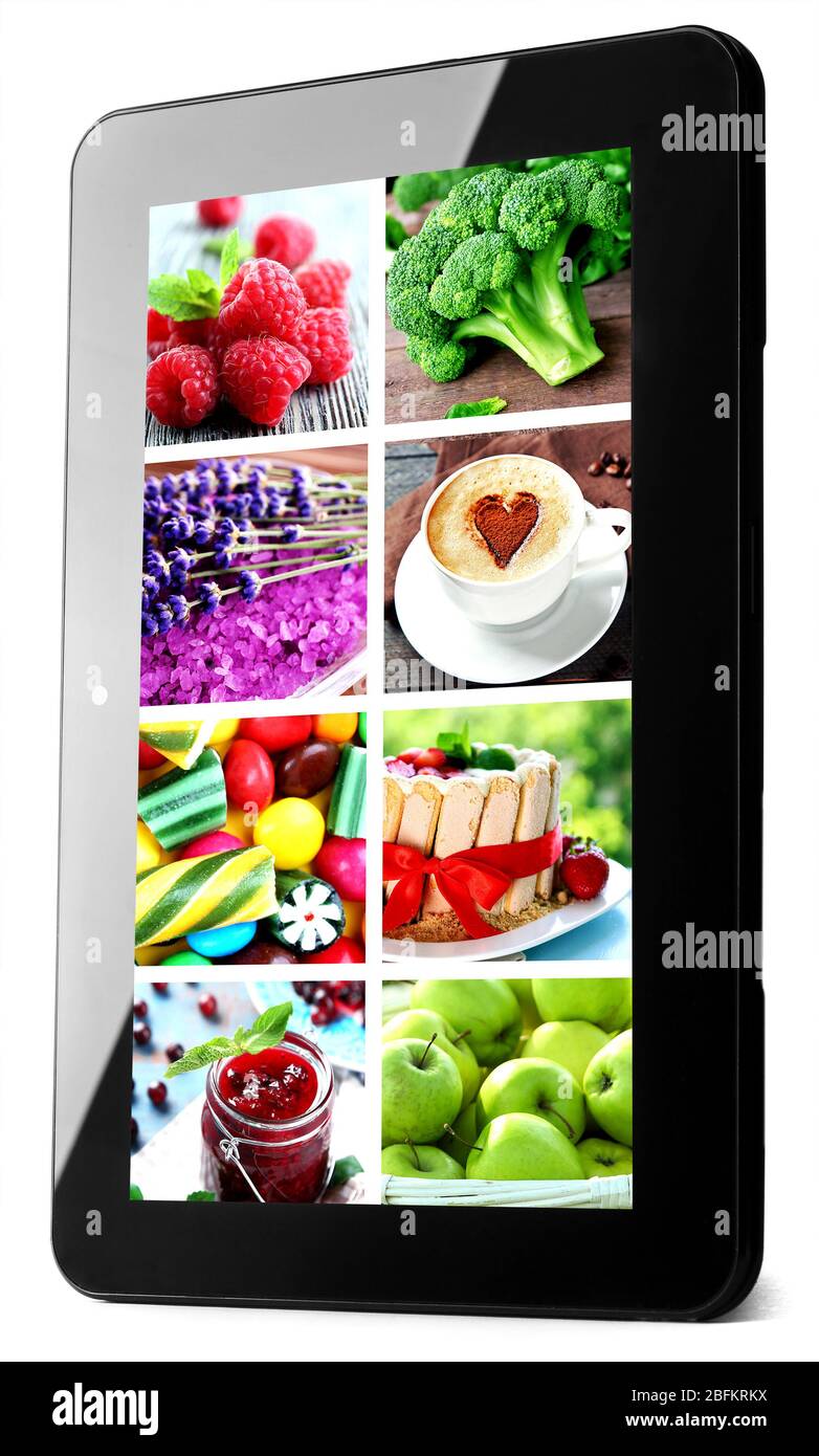 Tablet PC with images of nature objects, isolated on white Stock Photo ...