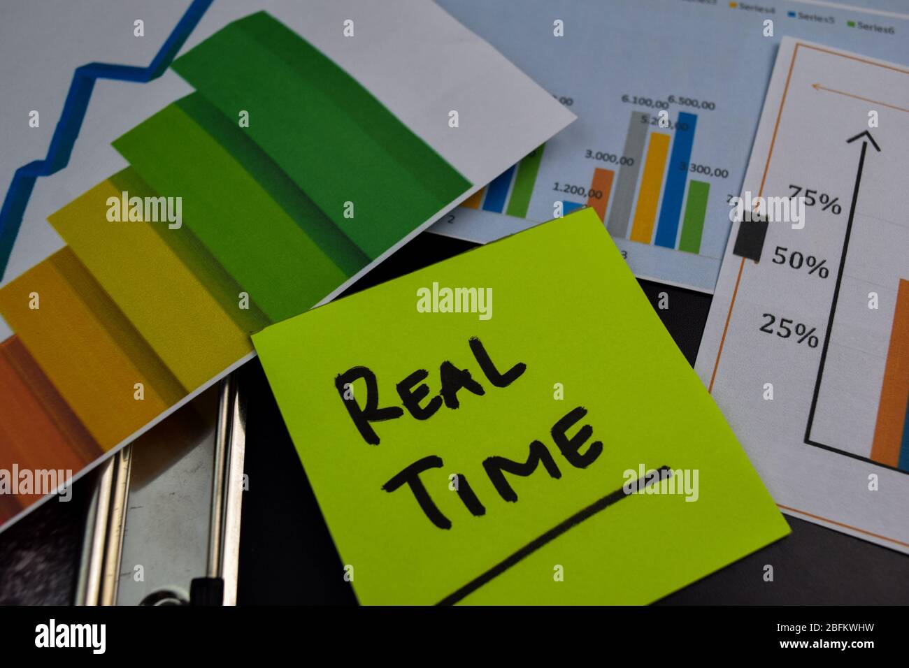 Real Time write on sticky notes isolated on Office Desk. Stock market ...