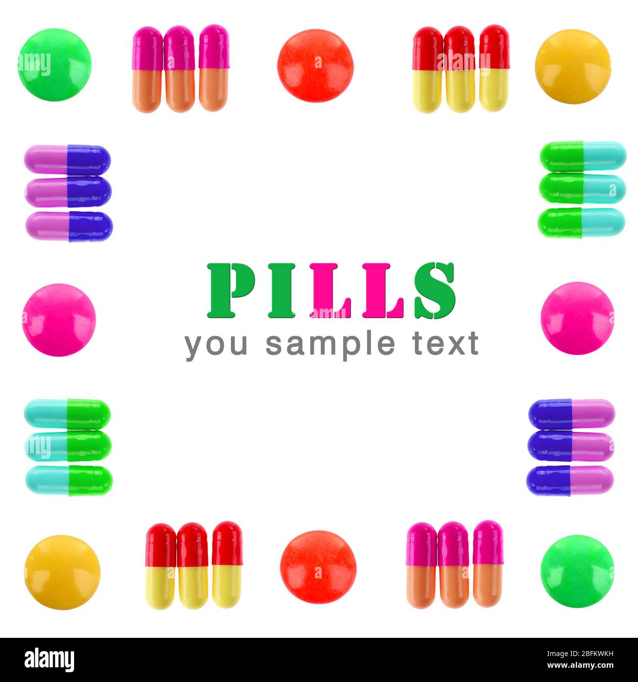Different pills shaped as frame isolated on white Stock Photo - Alamy