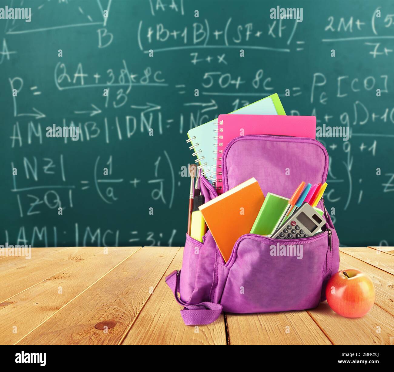 Backpack with school supplies on wooden table on green desk background ...