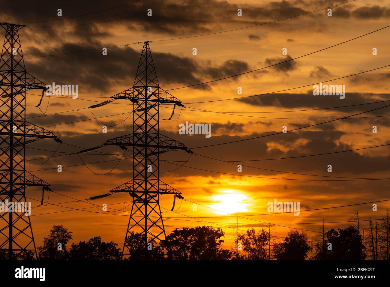 High Voltage Power Lines Sunset