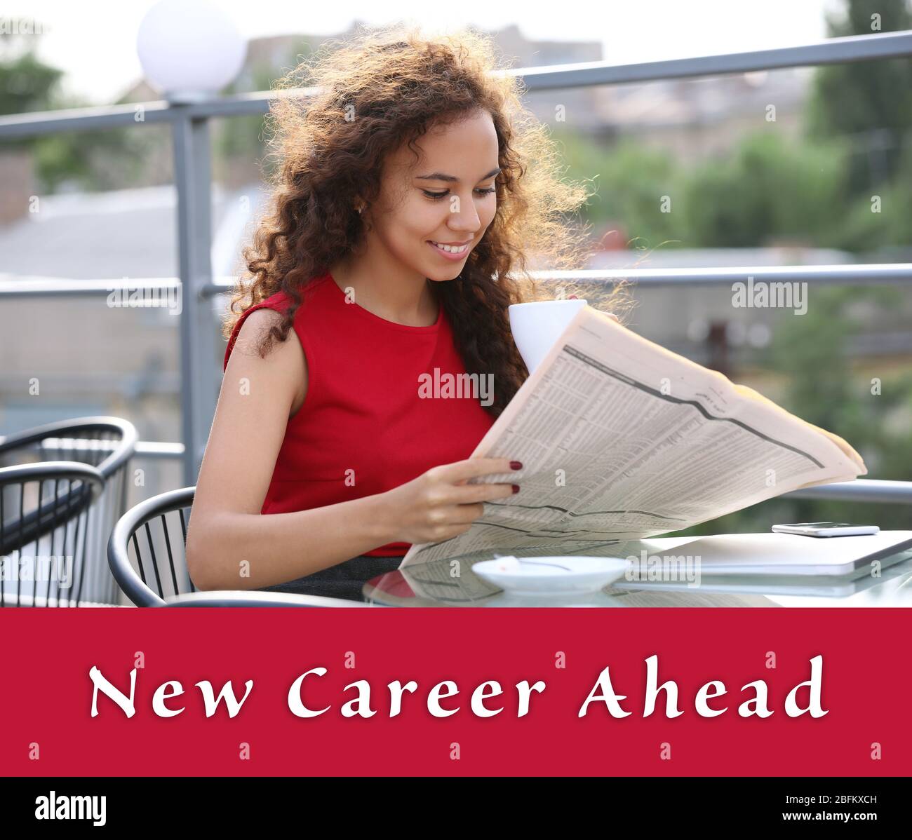 Dream job concept. Portrait of young pretty woman reading newspaper at ...