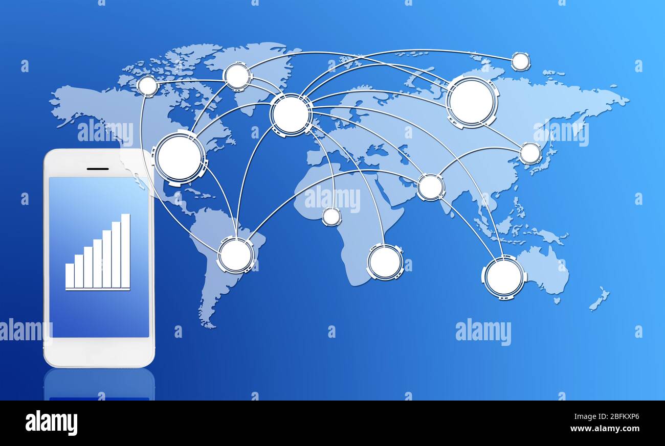 Technology and network concept - smarthphone with world map Stock Photo ...