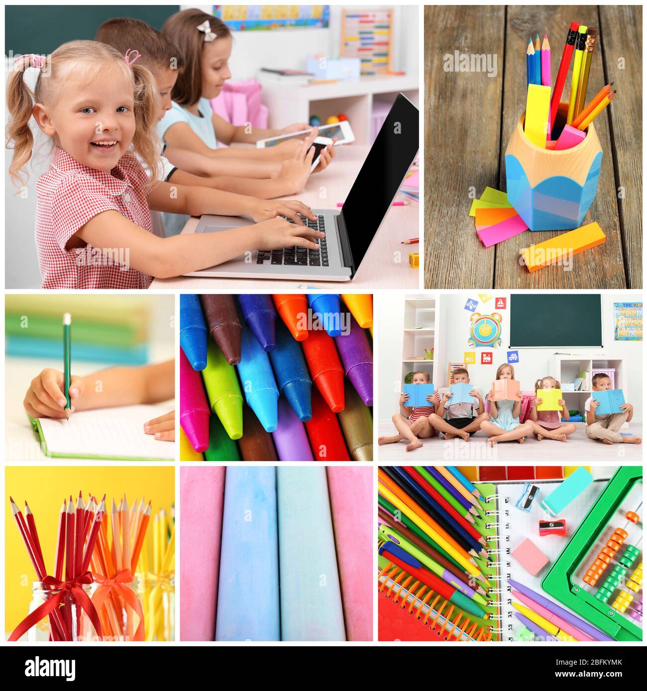 Collage of school children in studying process and education tools ...