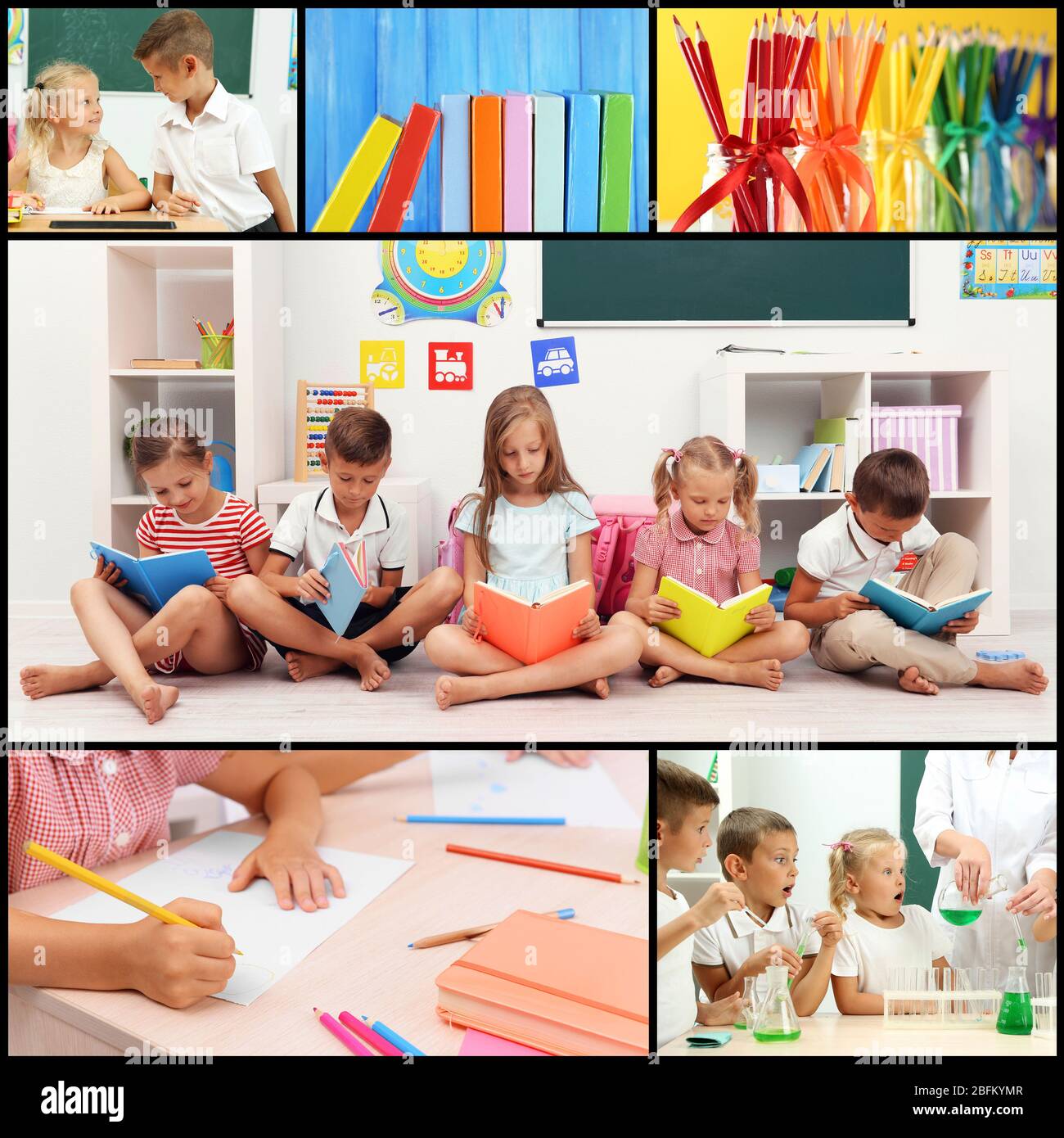 Collage of school children in studying process and education tools ...