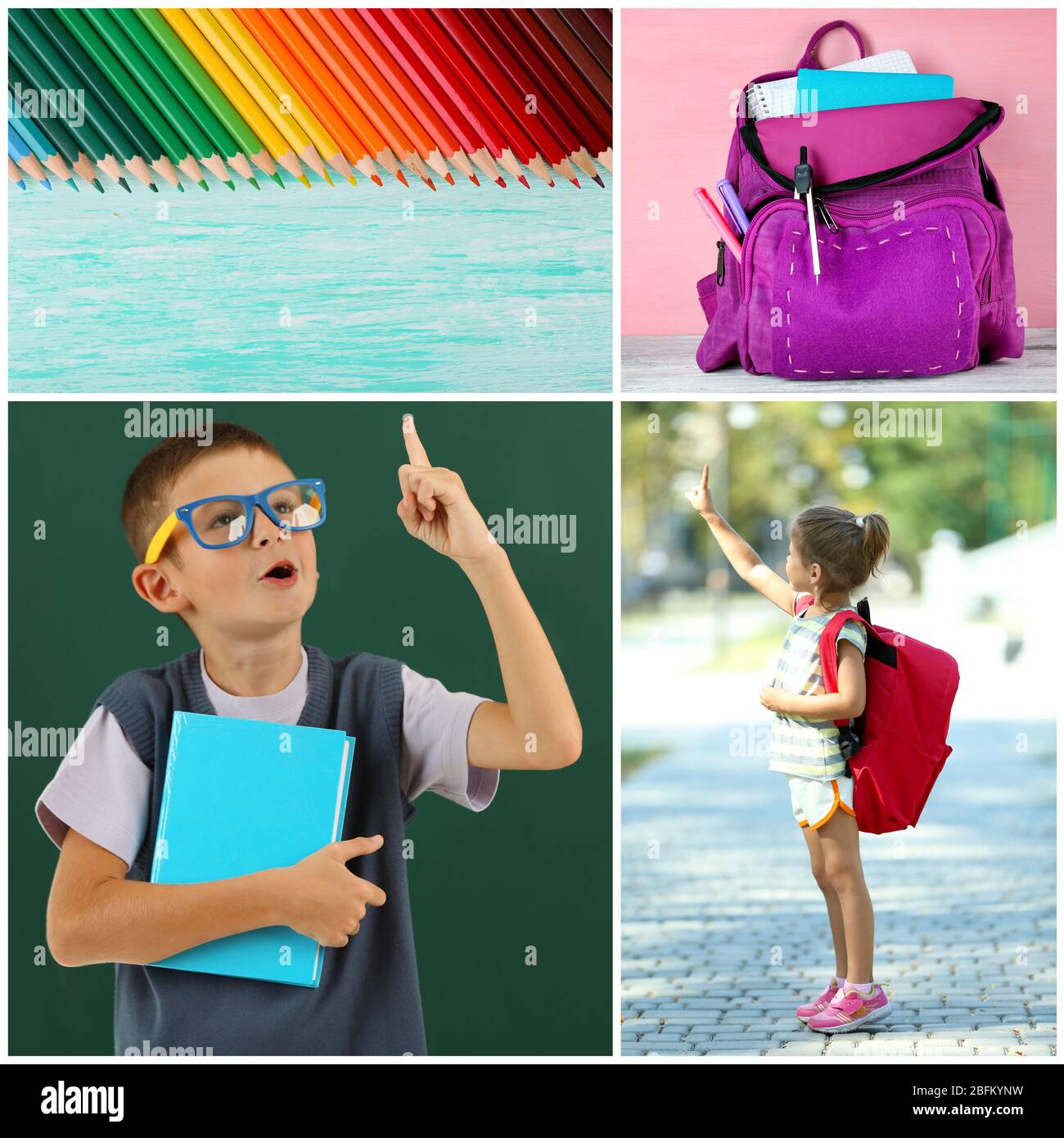 Collage of school children in studying process and education tools ...