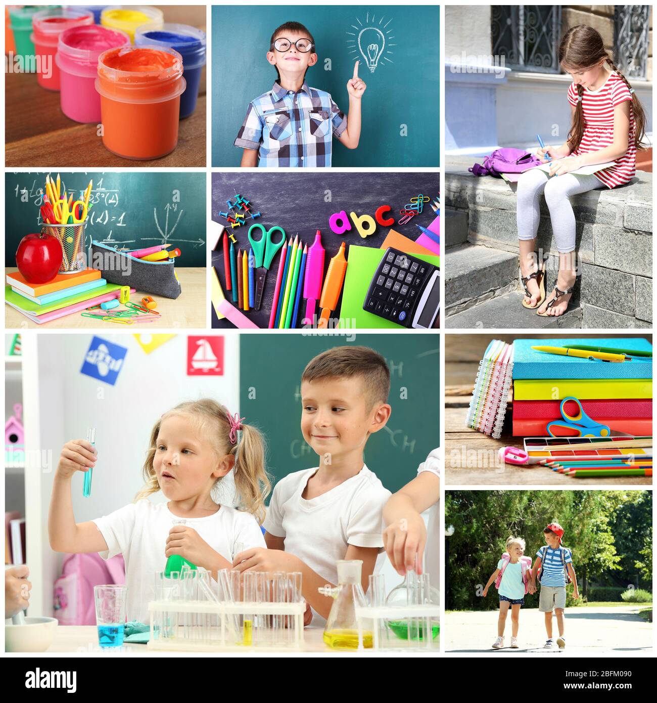 Collage of school children in studying process and education tools ...
