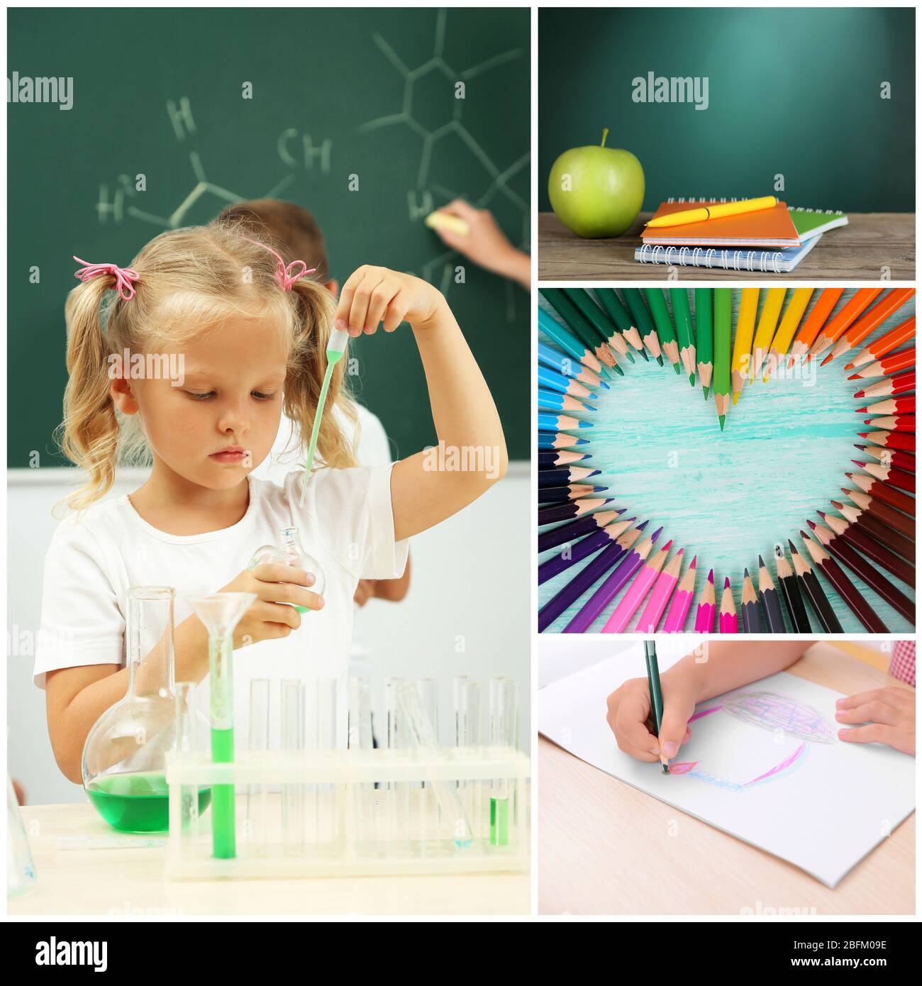 Collage of schoolgirl in studying process and education tools Stock ...