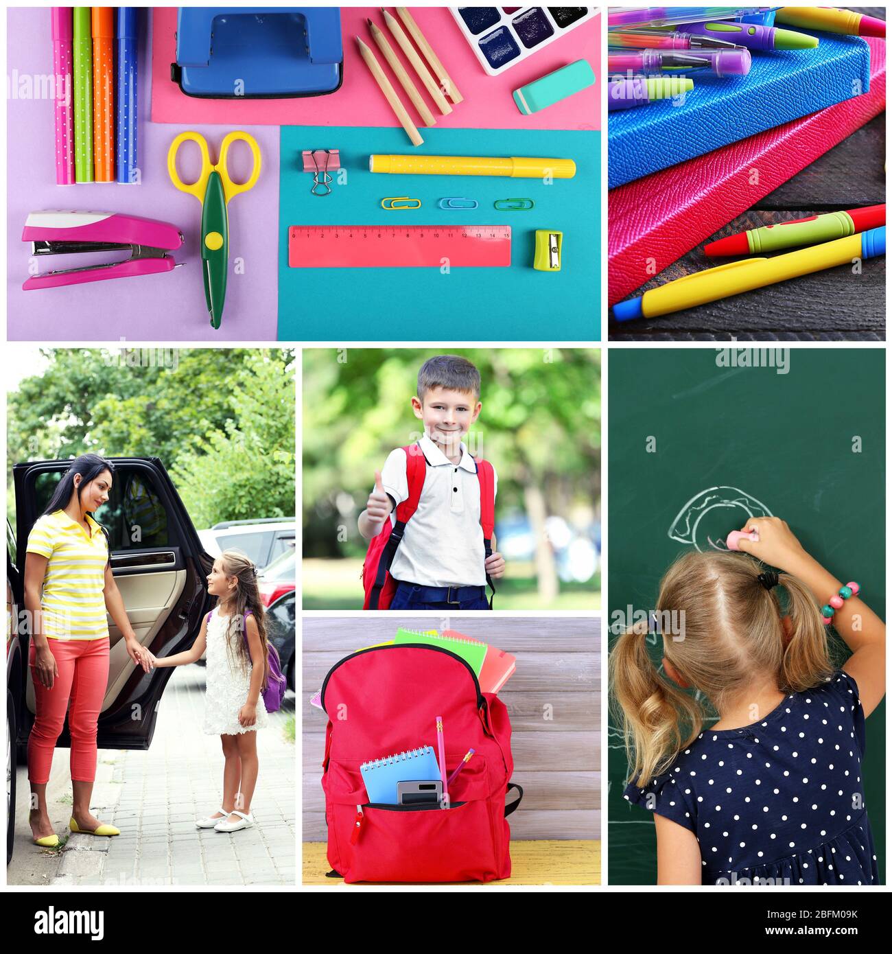 Collage of school children in studying process and education tools ...