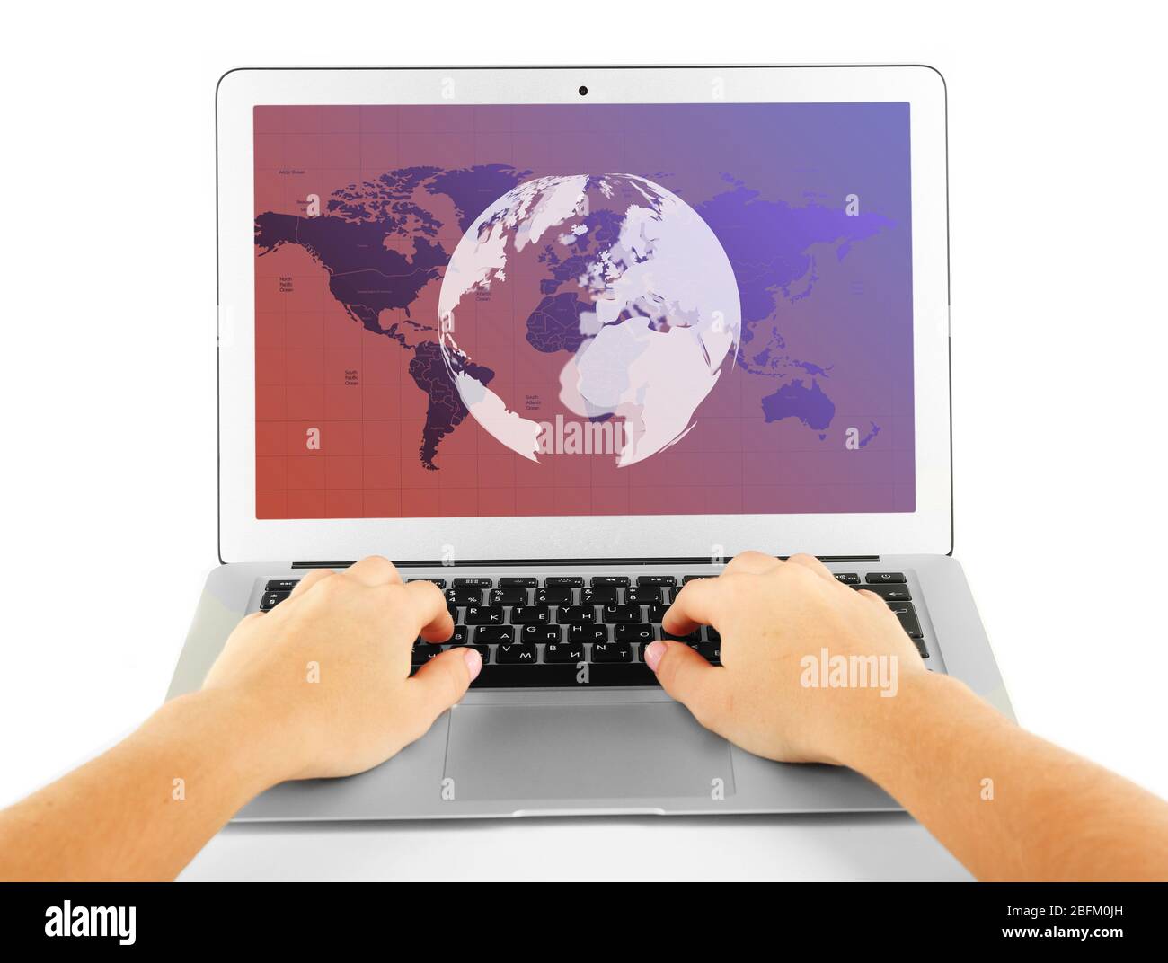 Human working with laptop, with world map and network on screen ...