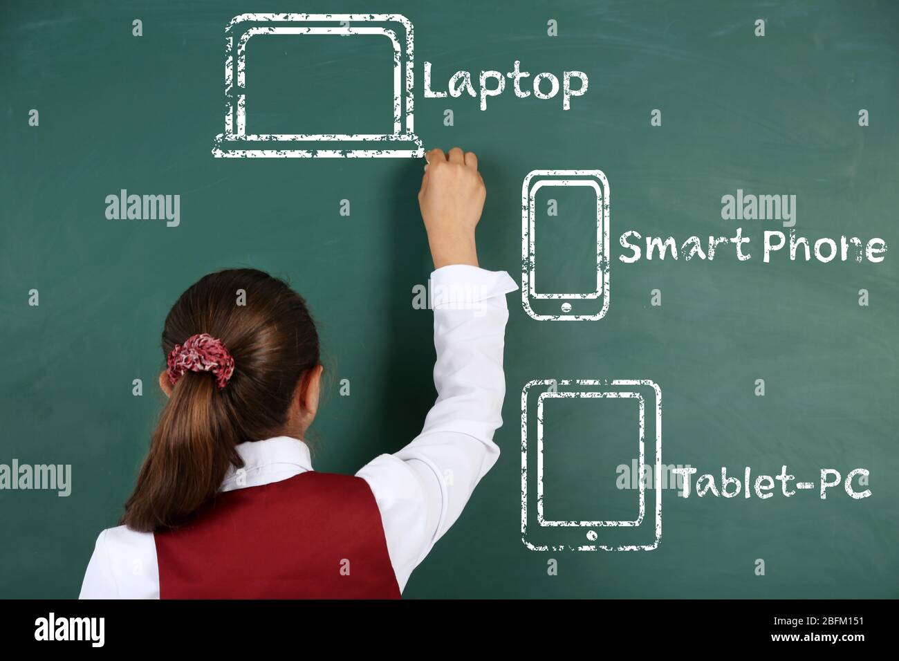 Little girl drawing different gadgets on the chalkboard Stock Photo - Alamy