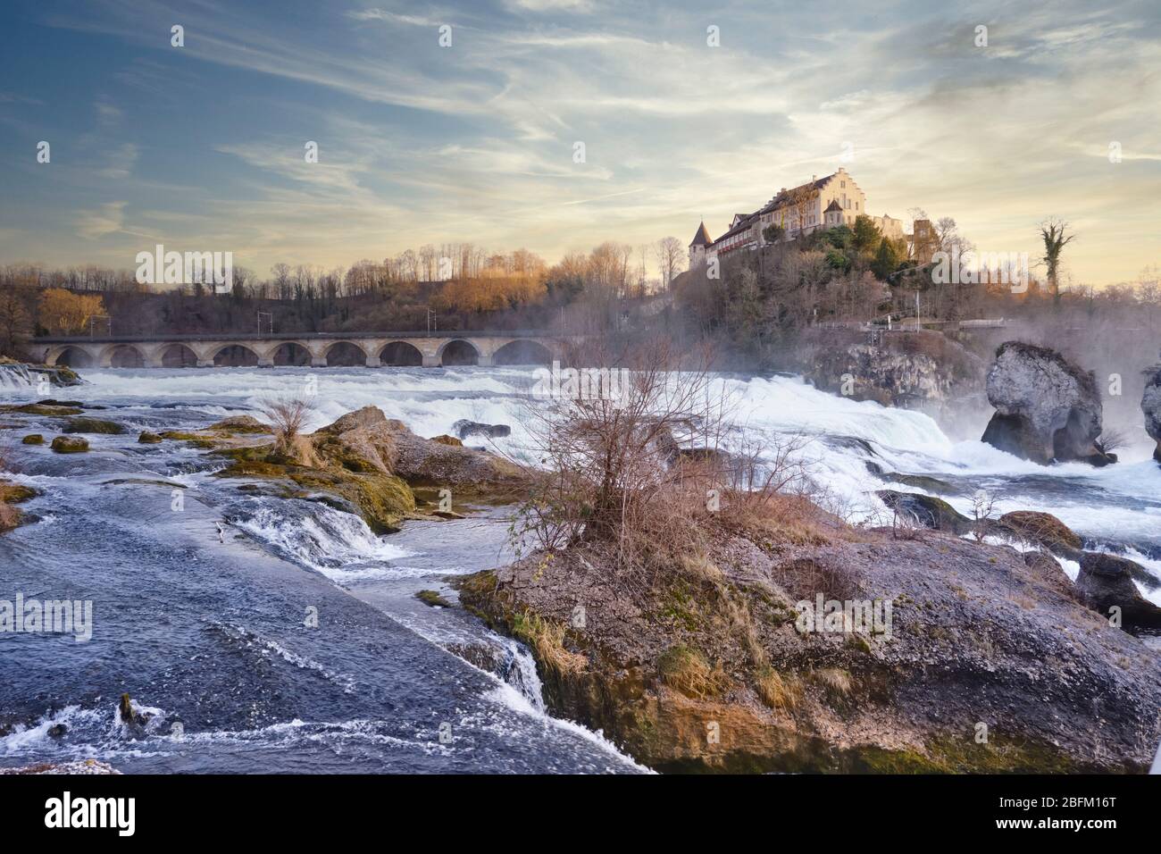 Rhine Falls under Laufen Castle at sunset, Switzerland Stock Photo - Alamy