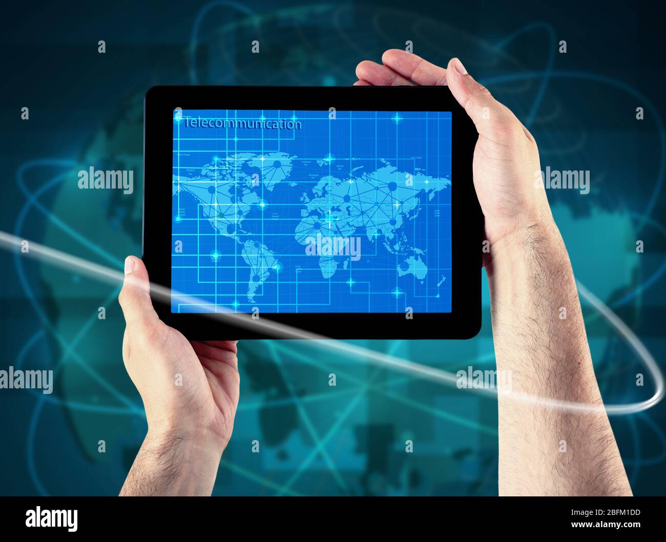 Human holding tablet pc with world map and network on screen Stock ...