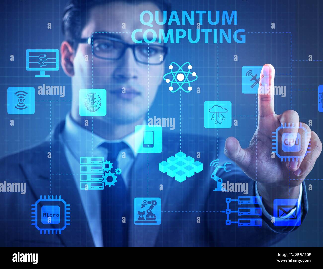 The businessman pressing virtual button in quantum computing concept ...