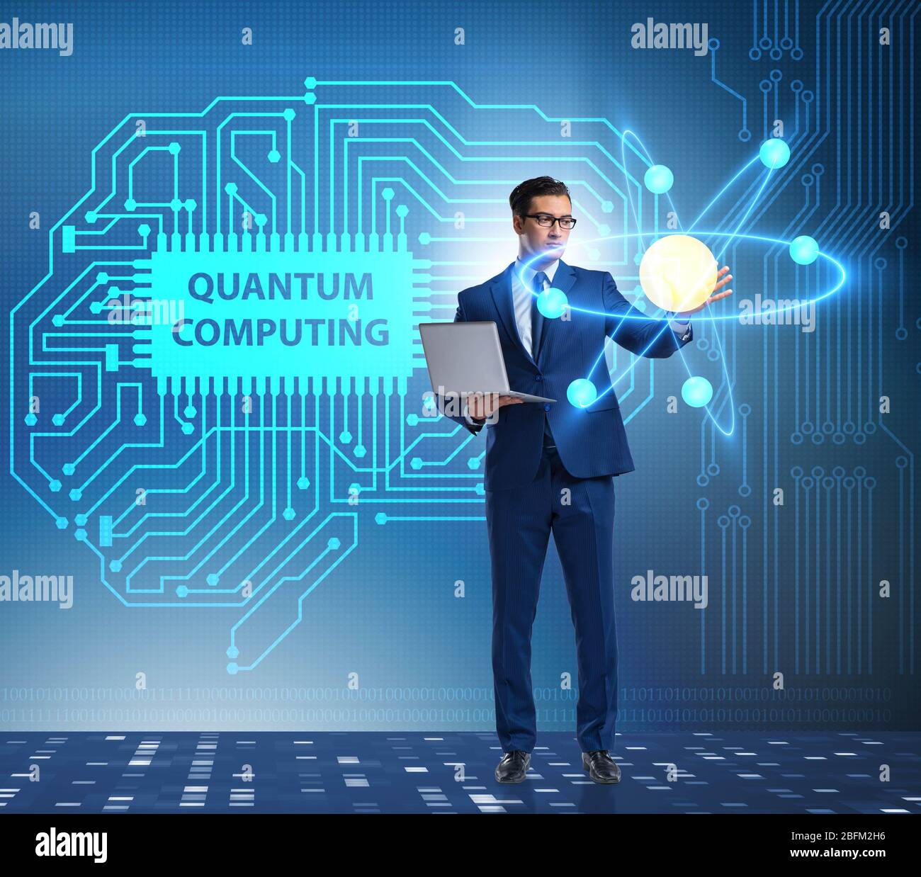 The businessman pressing virtual button in quantum computing concept Stock Photo - Alamy