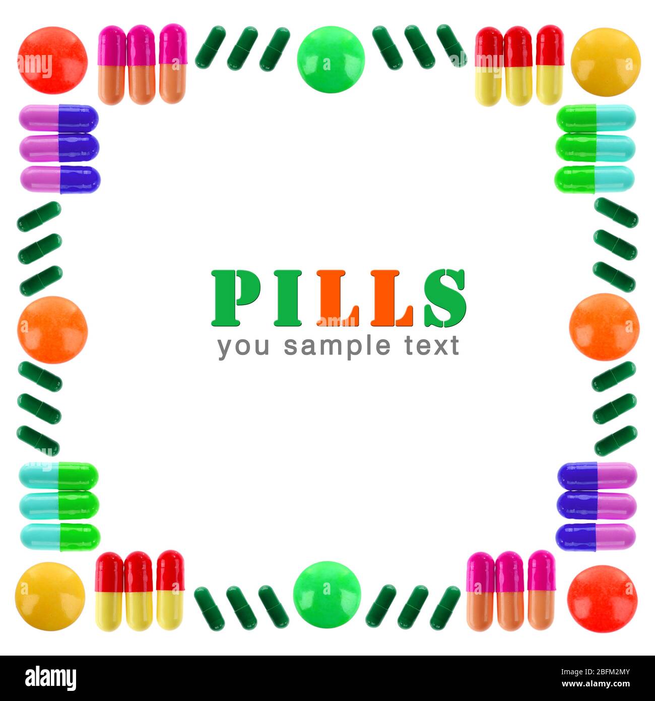Different pills shaped as frame isolated on white Stock Photo - Alamy