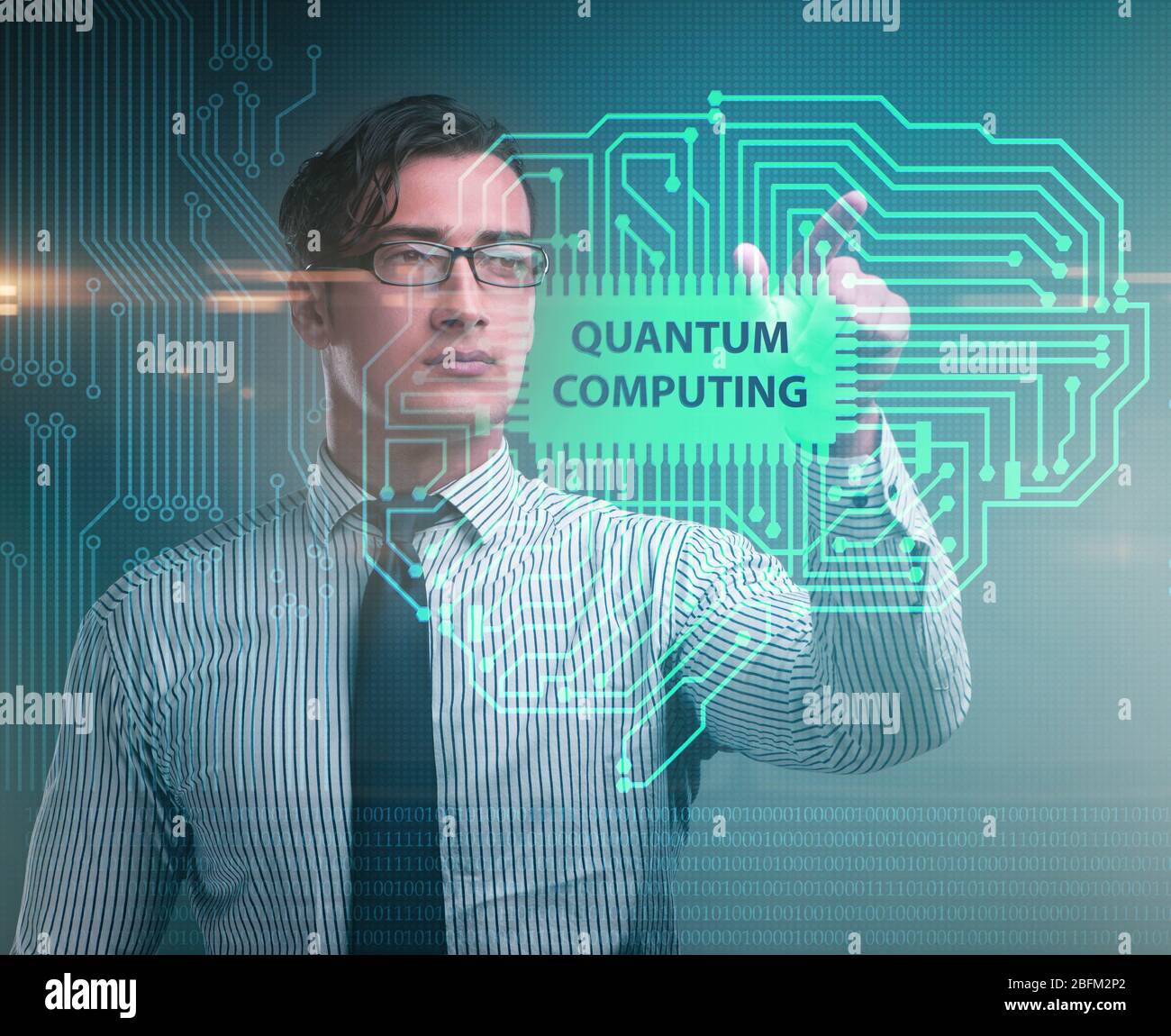 The businessman pressing virtual button in quantum computing concept Stock Photo - Alamy