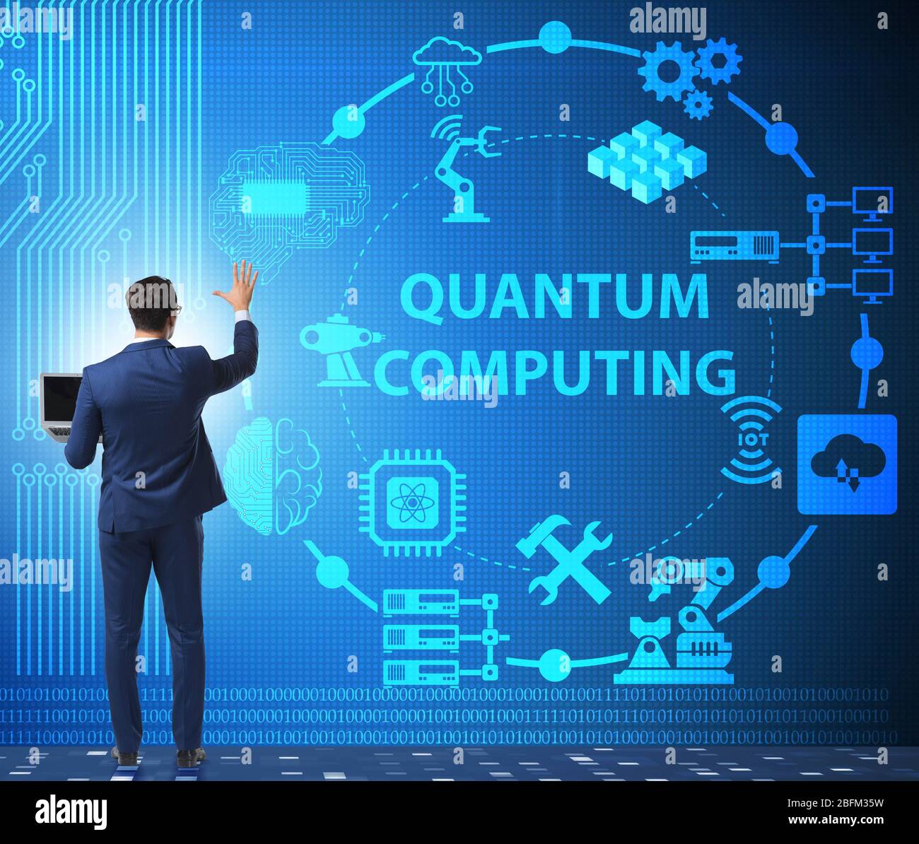 The businessman pressing virtual button in quantum computing concept ...