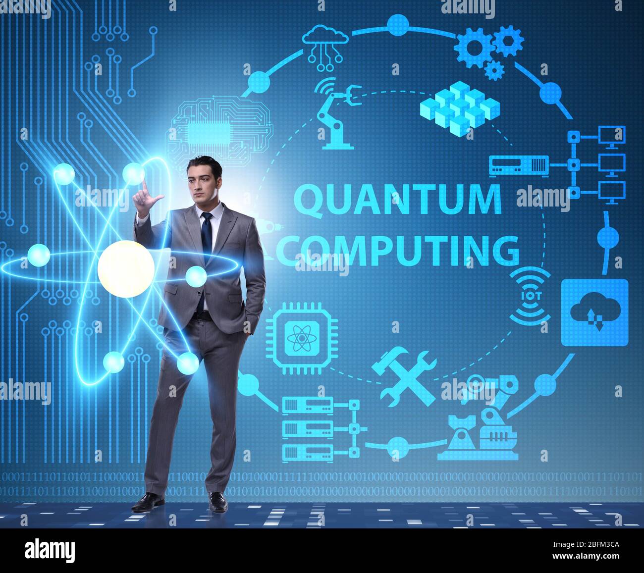 The businessman pressing virtual button in quantum computing concept ...