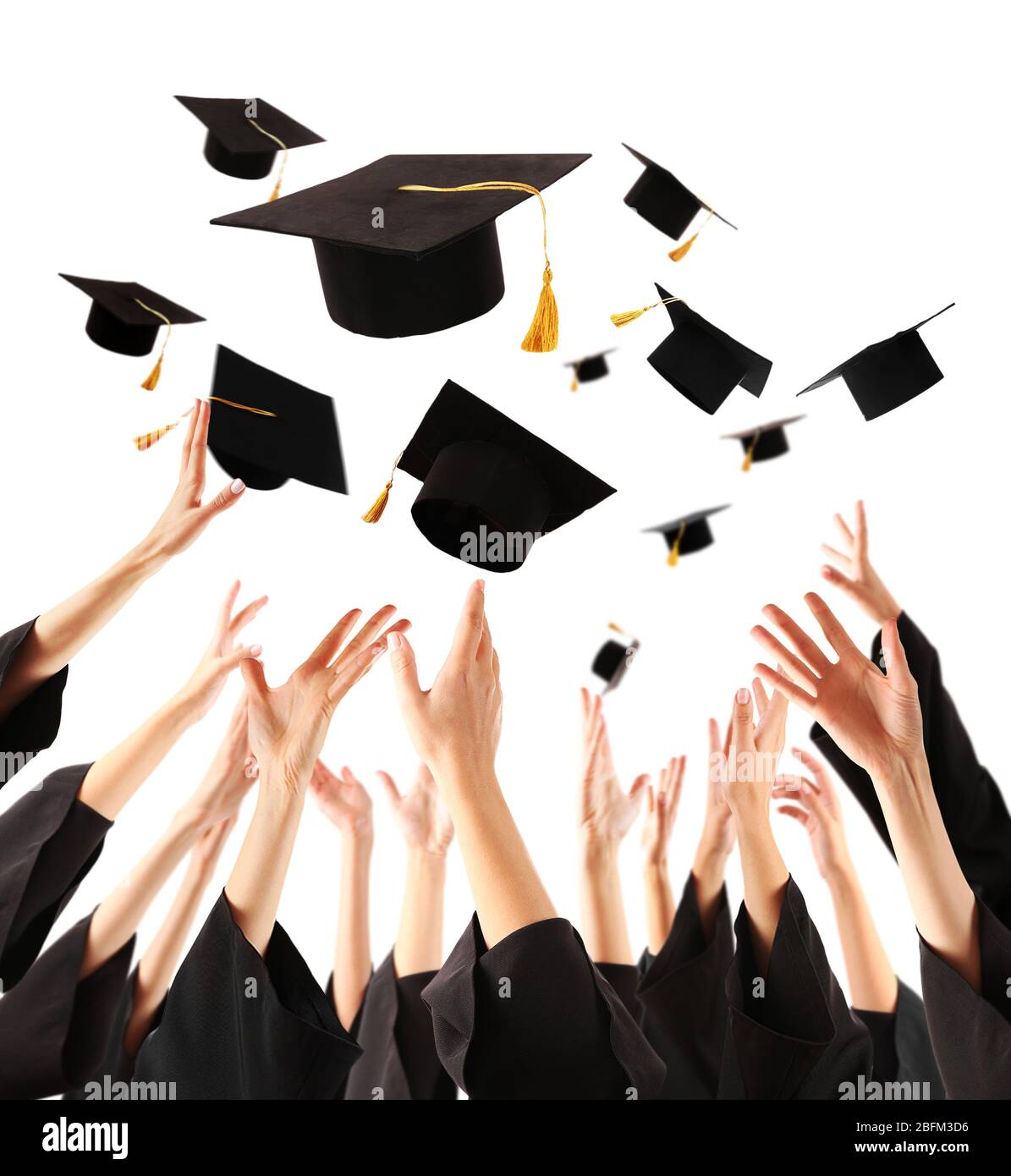 Graduates hands throwing graduation hats , isolated on white Stock ...