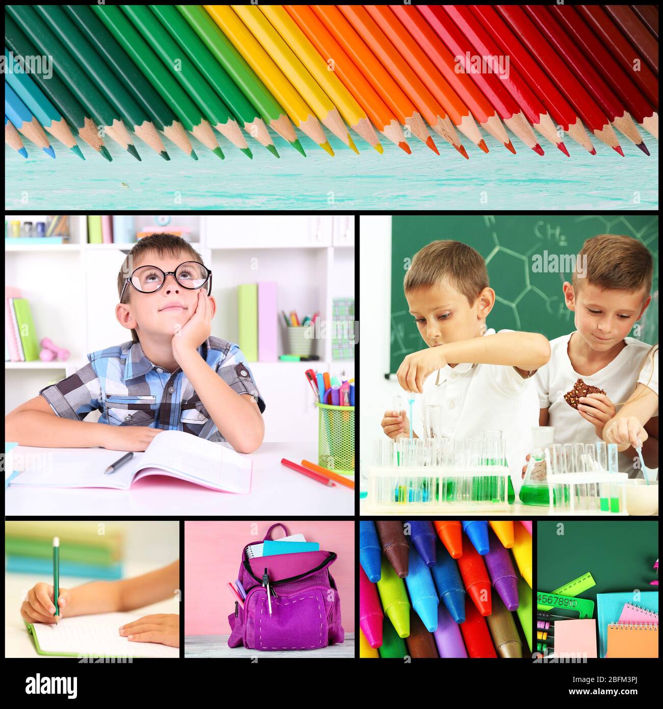 Collage of school children in studying process and education tools ...