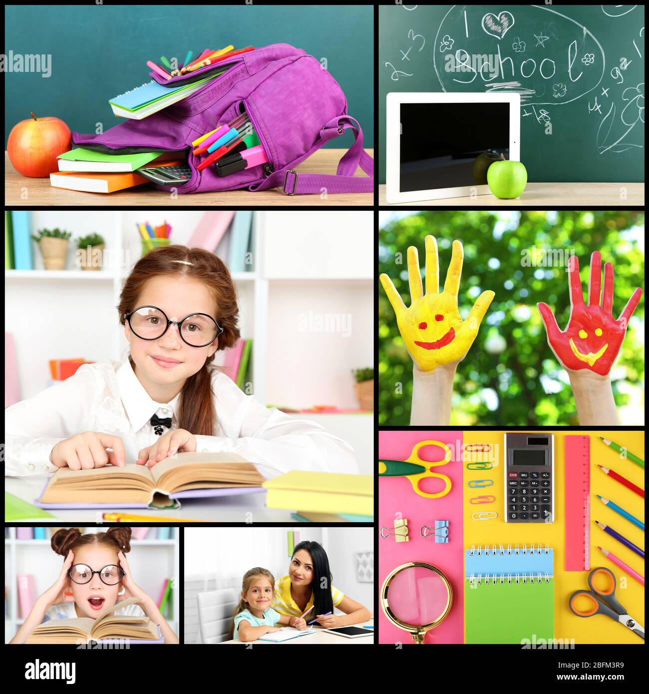 Collage of school children in studying process and education tools ...