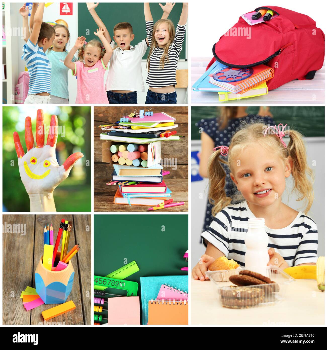 Collage of school children in studying process and education tools ...