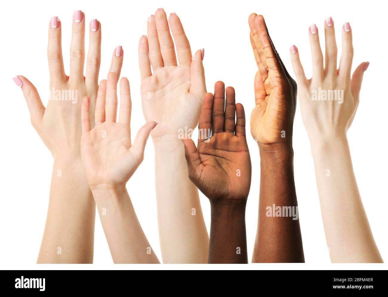Woman gesturing hands raised Cut Out Stock Images & Pictures - Alamy