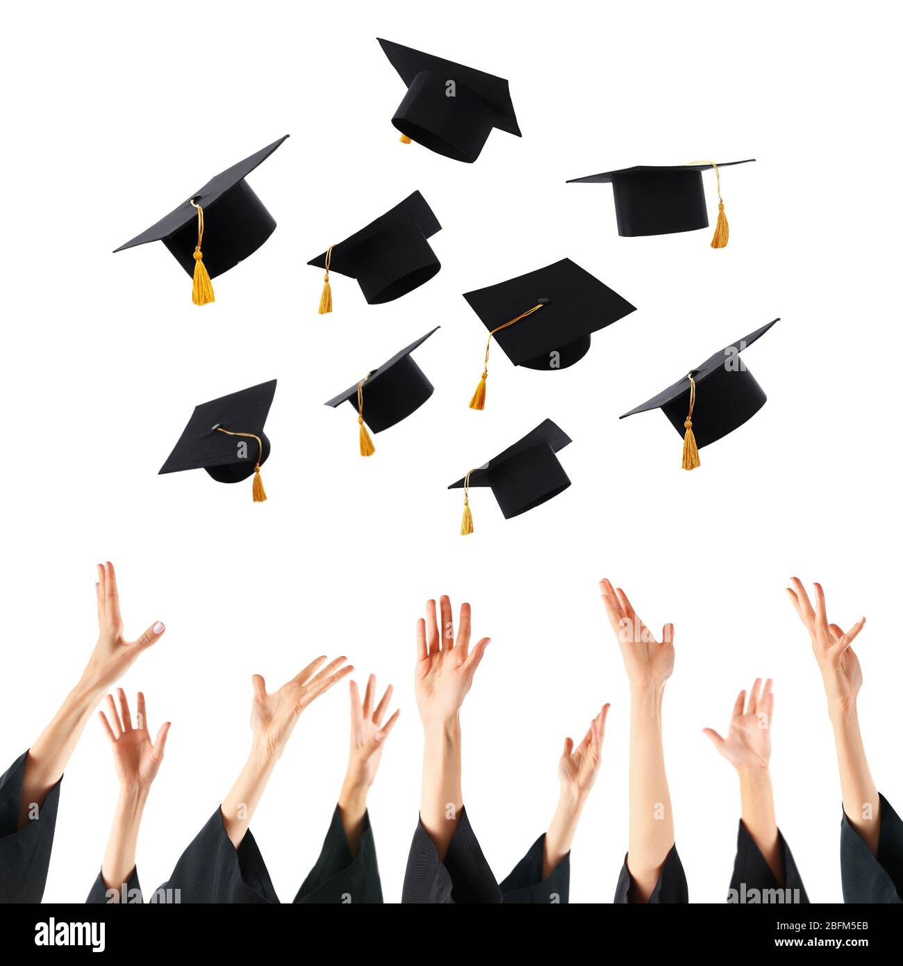 Graduates hands throwing graduation hats , isolated on white Stock ...