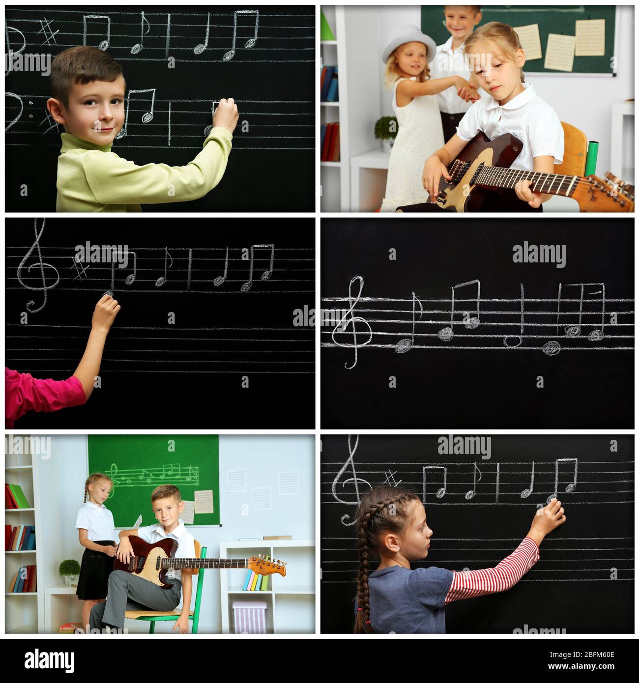 Collage with pupils having music lesson in classroom at elementary ...