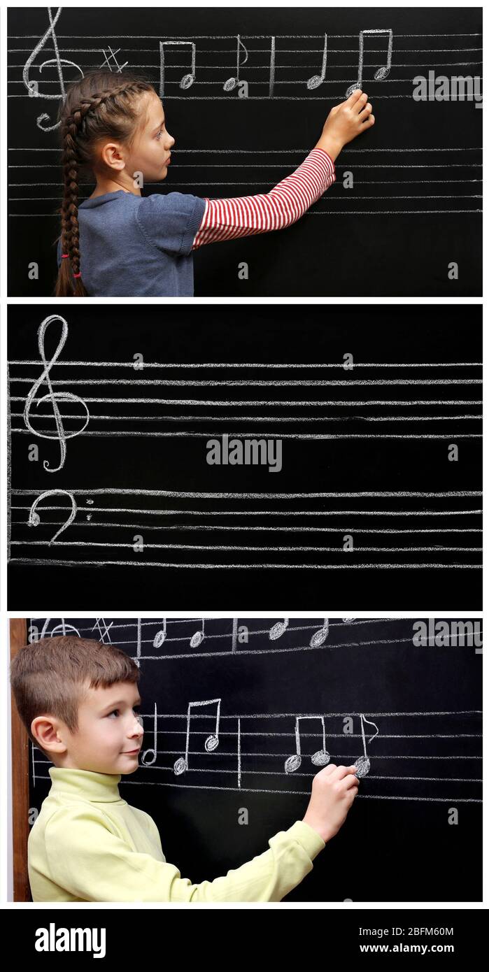 Collage with pupils having music lesson in classroom at elementary ...