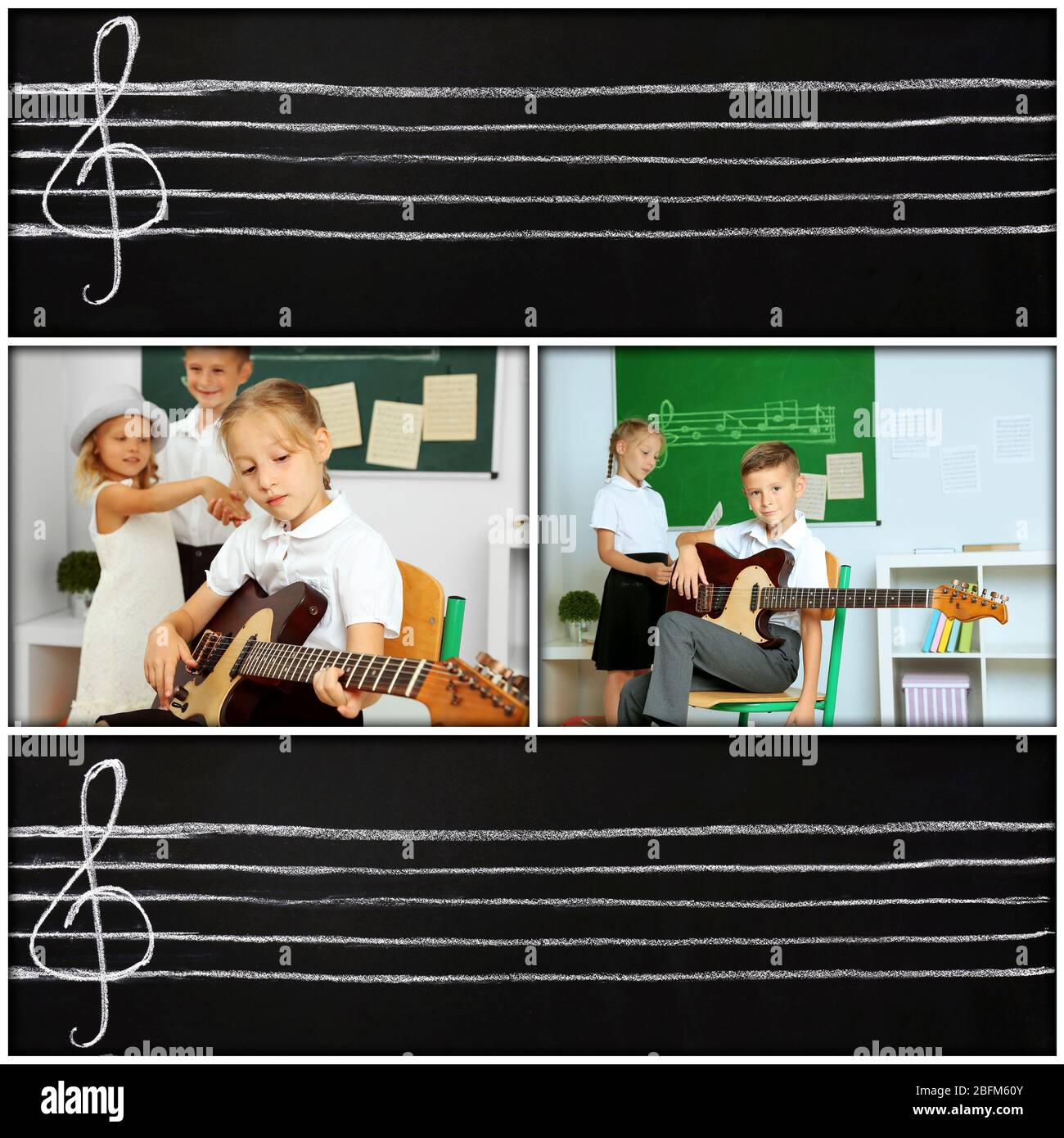 Collage with pupils having music lesson in classroom at elementary ...