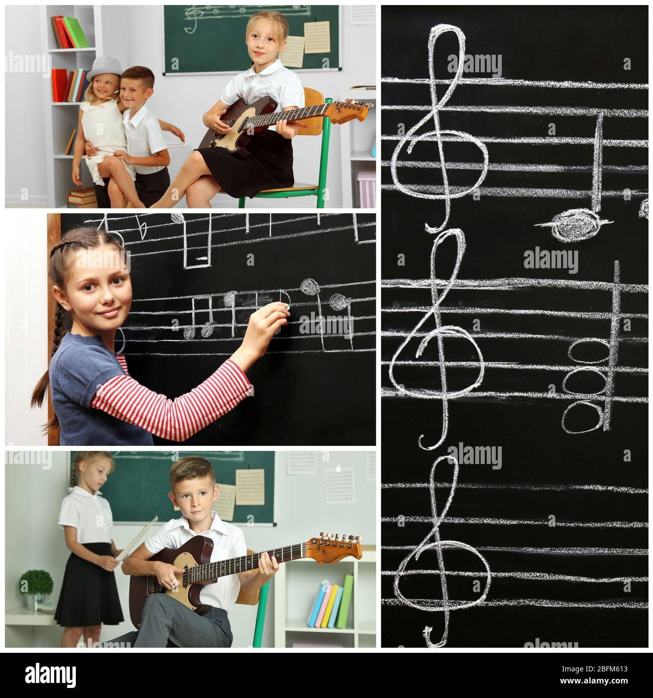 Collage with pupils having music lesson in classroom at elementary ...