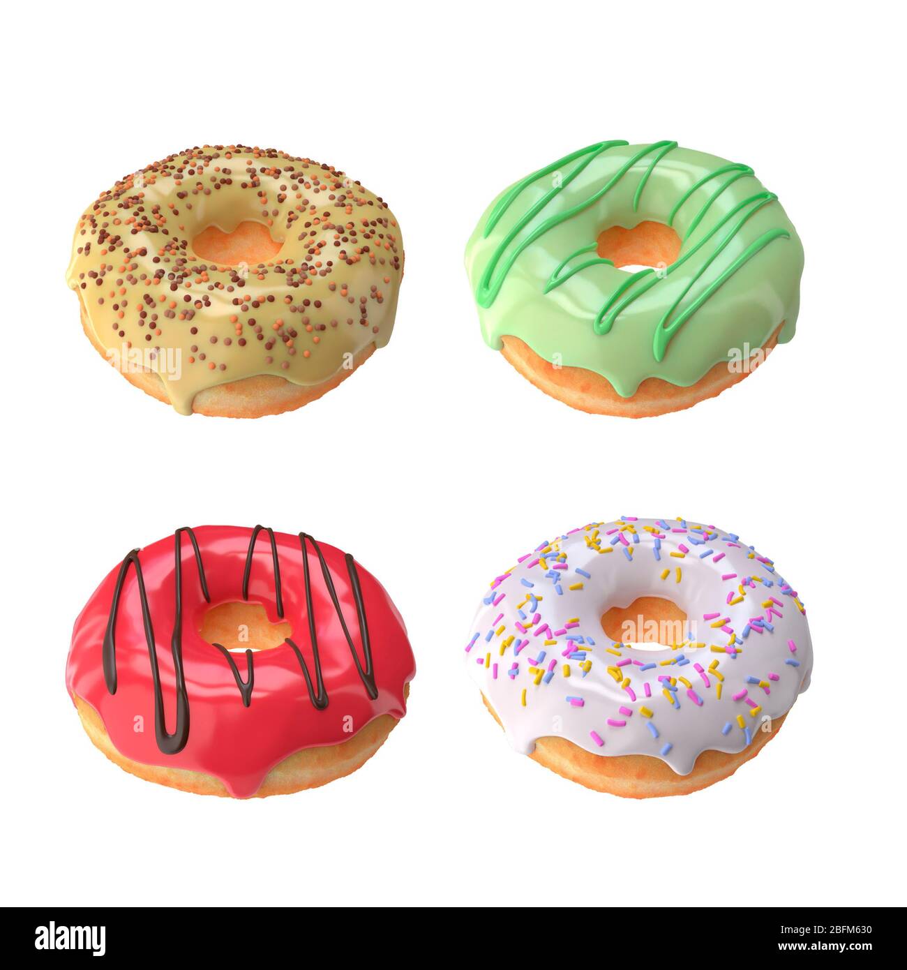 A set of four assorted doughnuts with colorful icing, swirls and ...