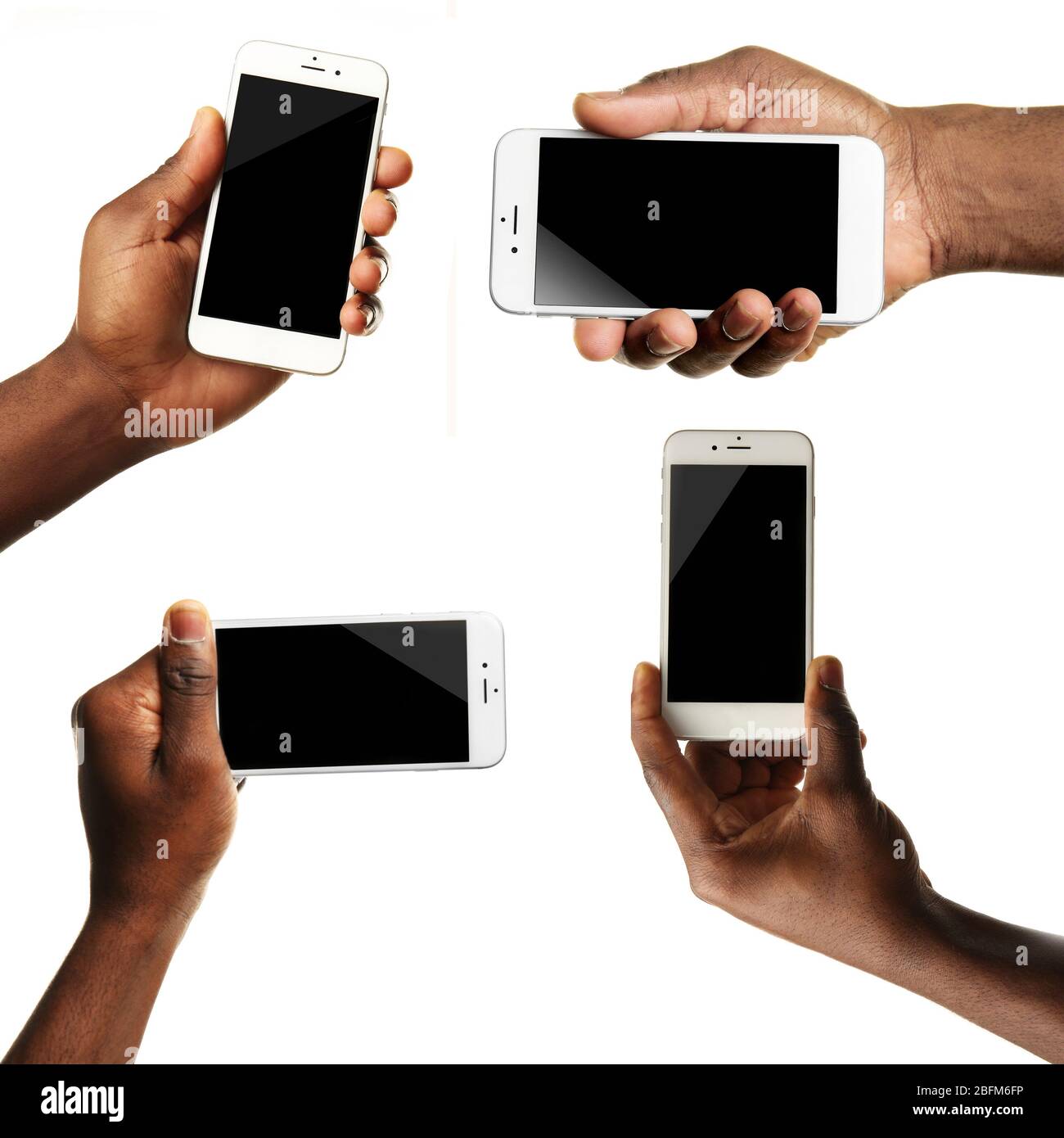 Set of man hands holding smart phone in different ways, isolated on ...