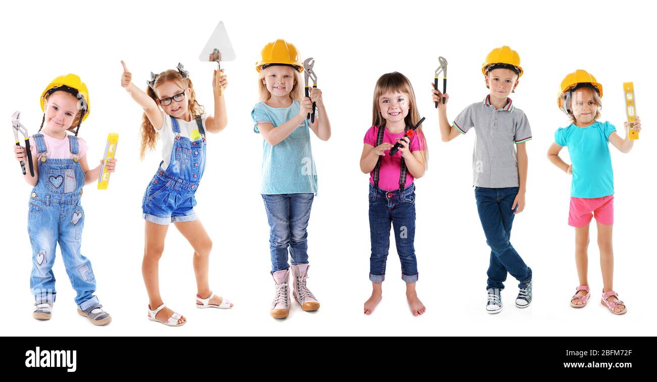 Cute children with tools isolated on white Stock Photo - Alamy
