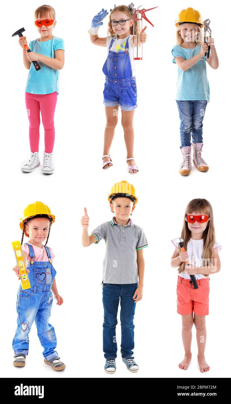 Cute children with tools isolated on white Stock Photo - Alamy