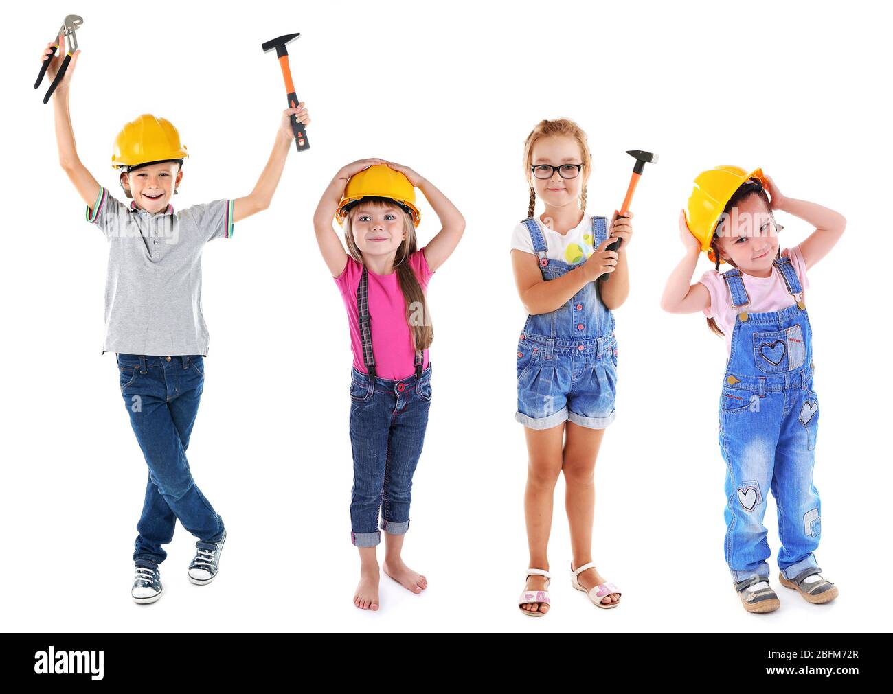 Cute children with tools isolated on white Stock Photo - Alamy