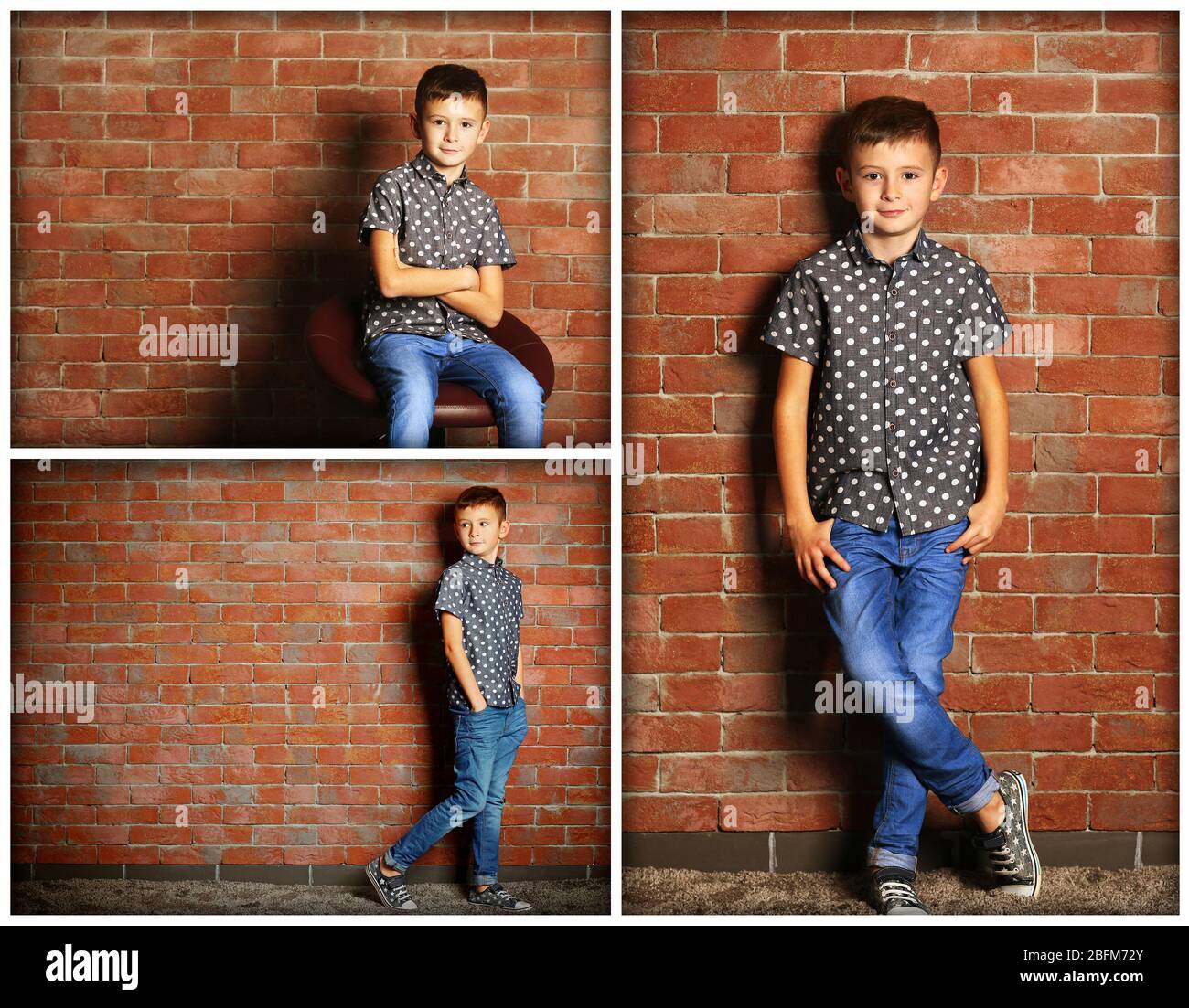 Cute little boy on brick wall background. Kids fashion concept Stock ...