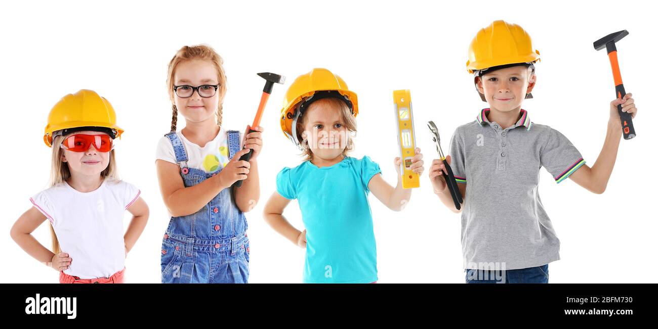 Cute children with tools isolated on white Stock Photo - Alamy