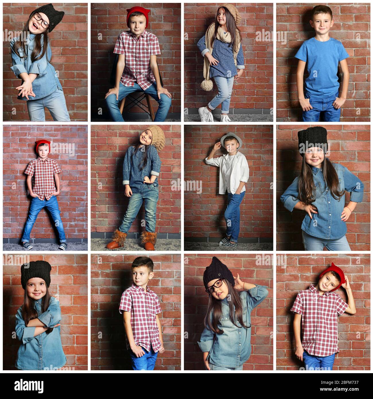 Collage of little fashion kids on bricks wall background Stock Photo ...