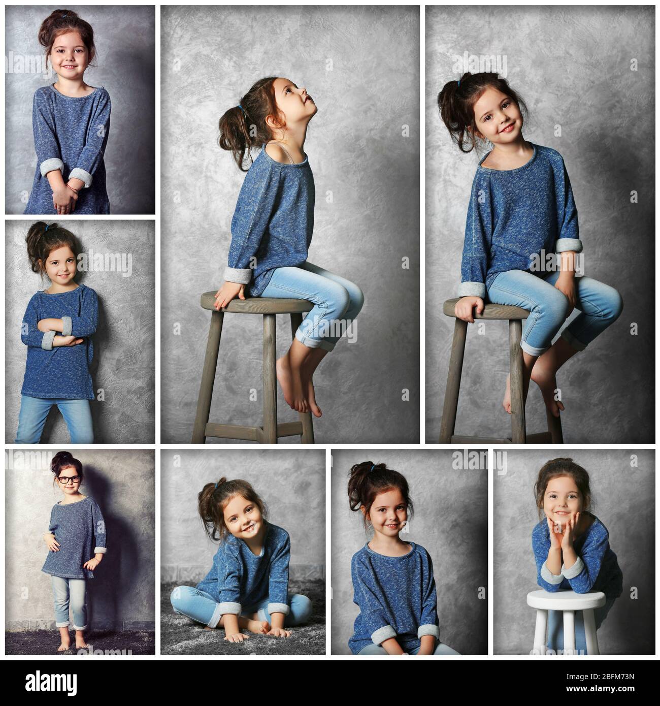 Collage of little fashion kid girl on gray wall background Stock Photo ...