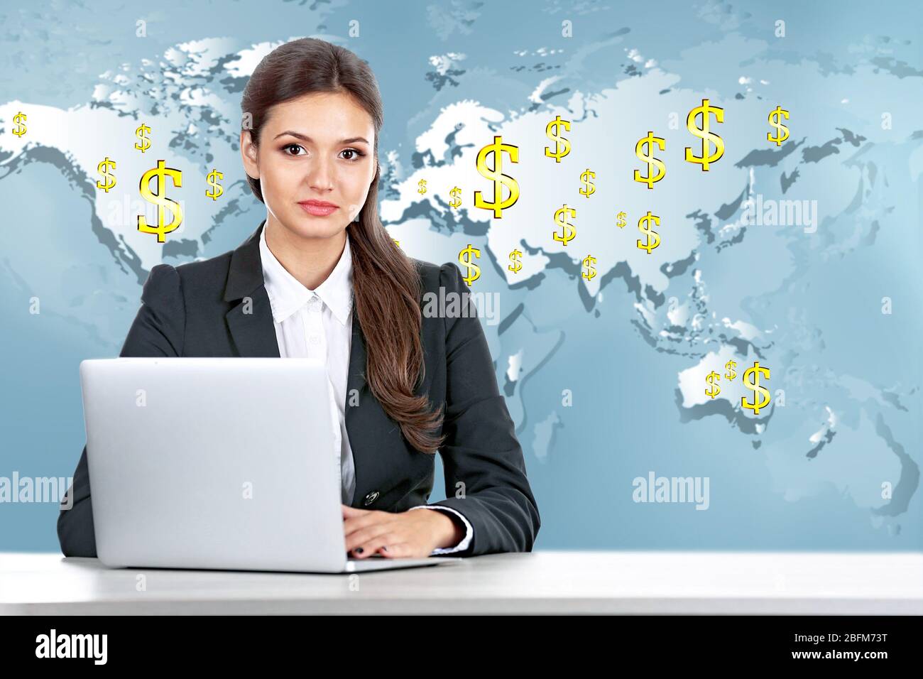 Business success strategy concept.Business lady with laptop on world ...