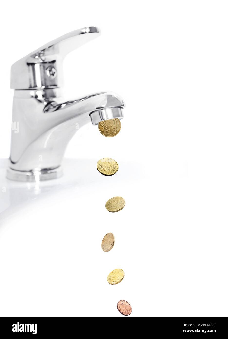Money fall out of the tap isolated on white Stock Photo - Alamy