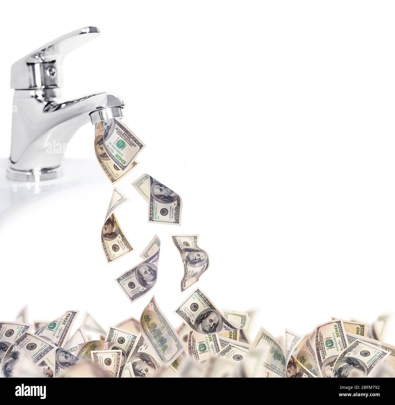 Money fall out of the tap isolated on white Stock Photo - Alamy