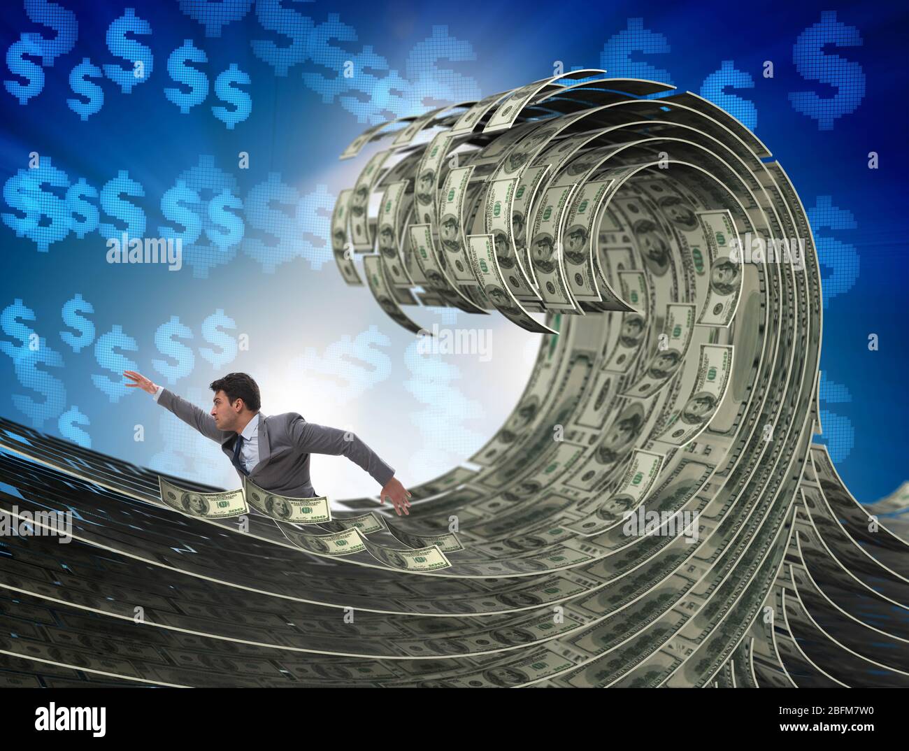 The businessman swimming in the sea of dollar money Stock Photo - Alamy
