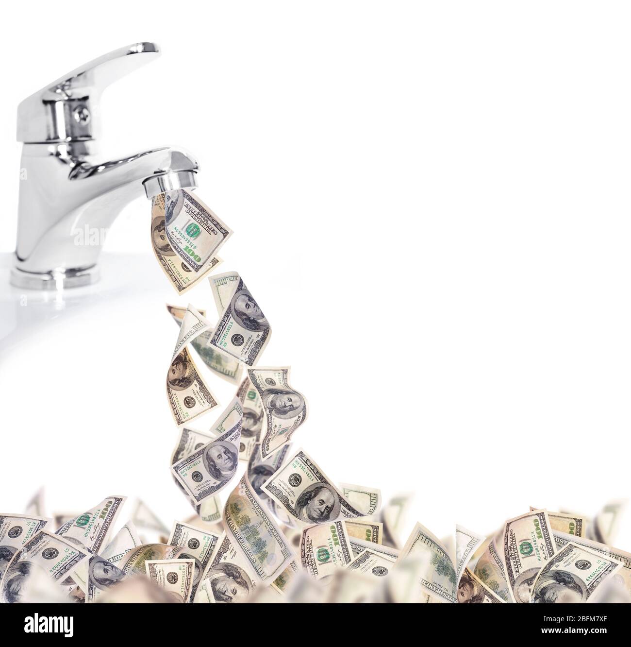 Money fall out of the tap isolated on white Stock Photo - Alamy