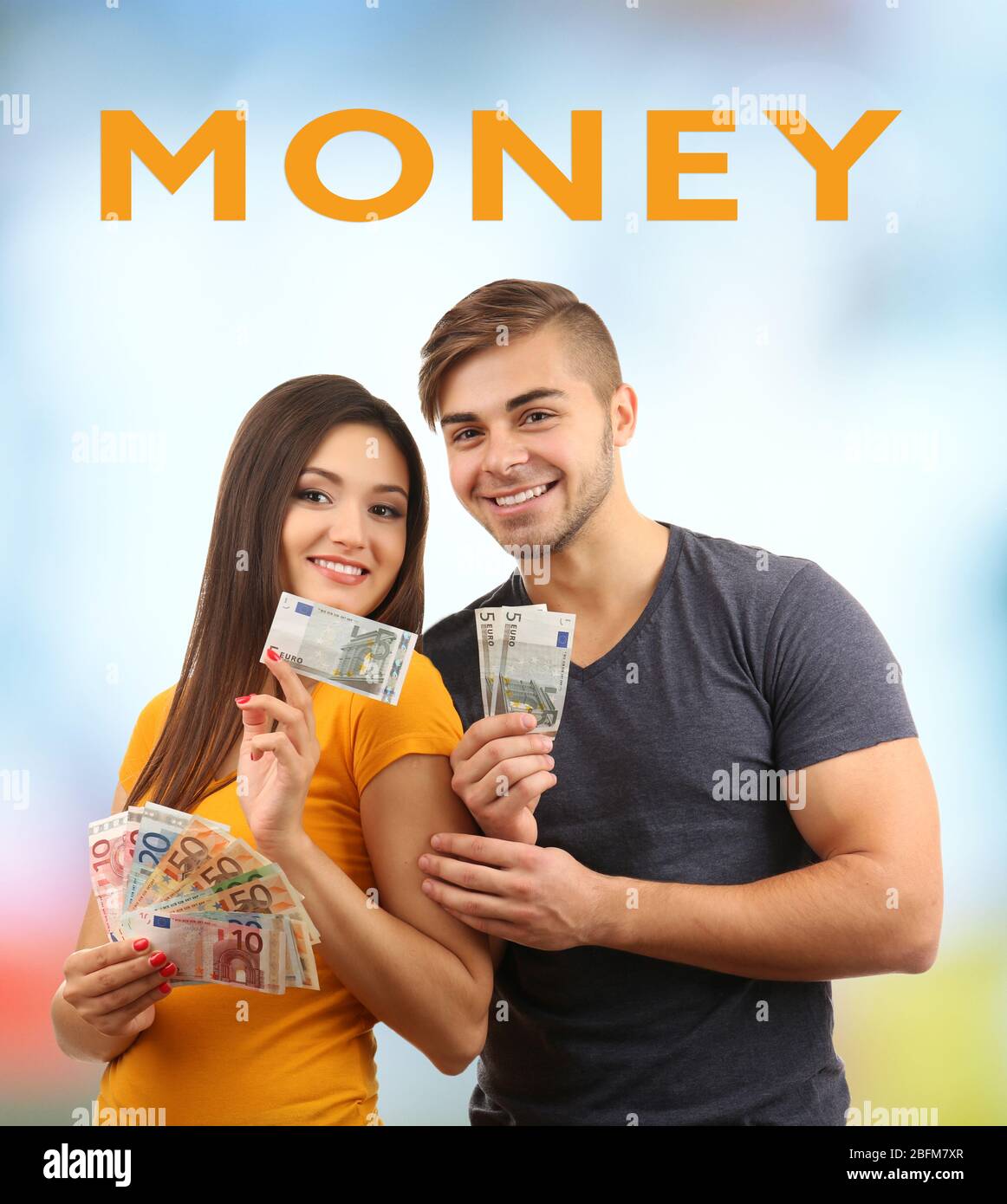 Couple with money banknotes on bright background Stock Photo - Alamy