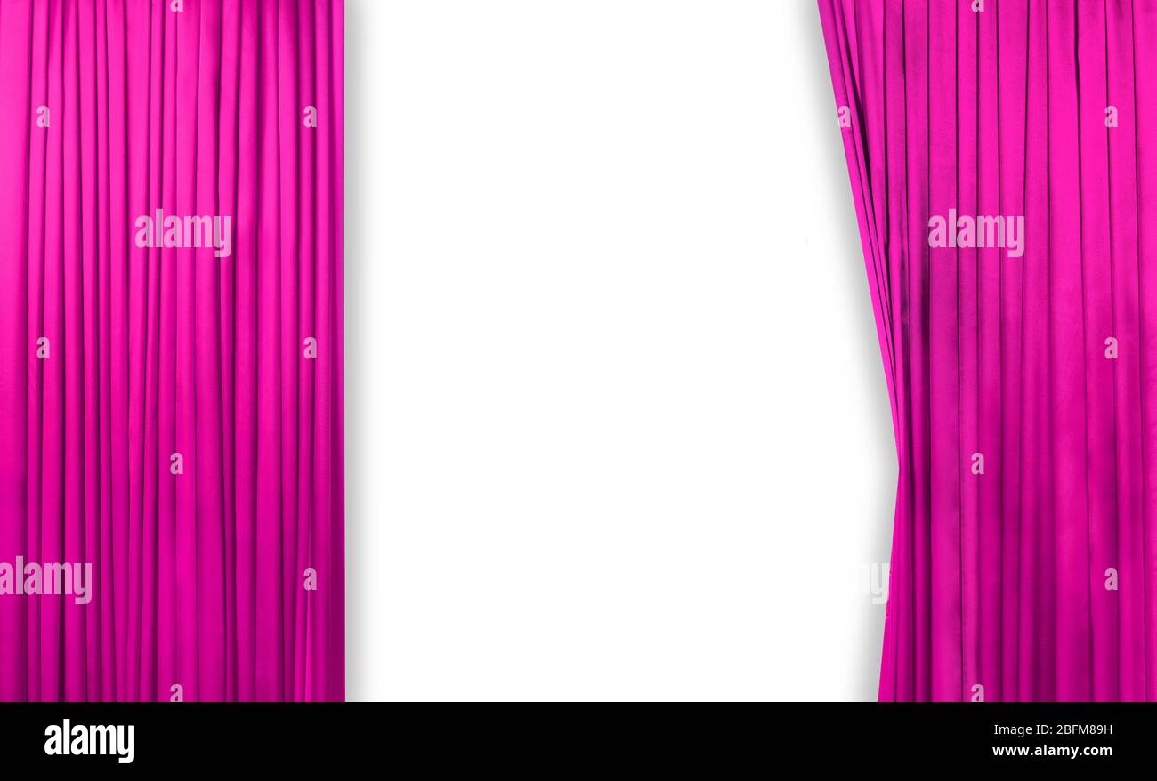 Pink curtain on theater or cinema stage slightly open on white ...